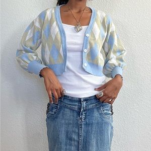 Cider | Sweaters | Greenblue Cropped Diamond Pattern Cardigan | Poshmark